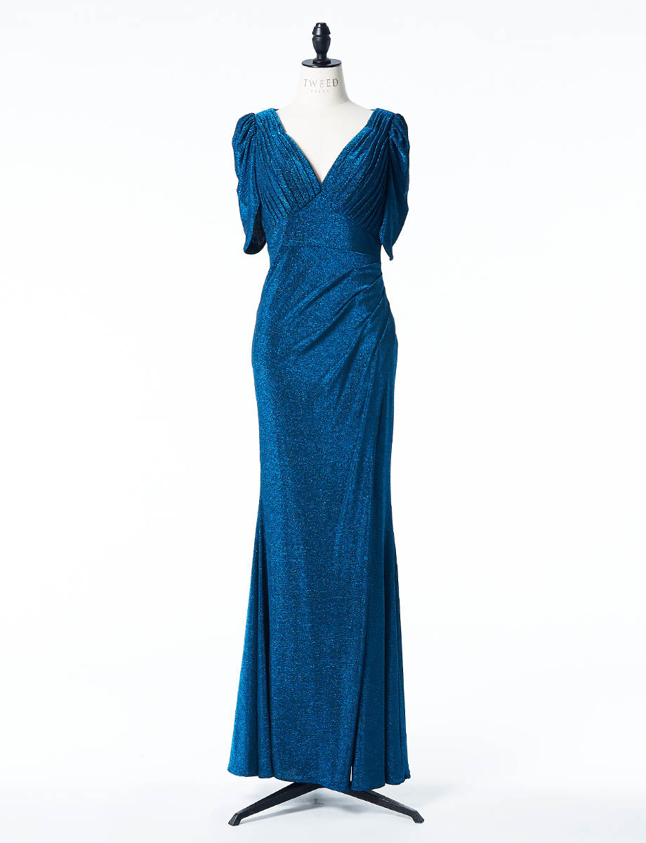 袖付き ラメニット ミッドナイトブルー ロングドレス JEAN MACLEAN・41532-MBL｜ツイードドレス – TWEED DRESS