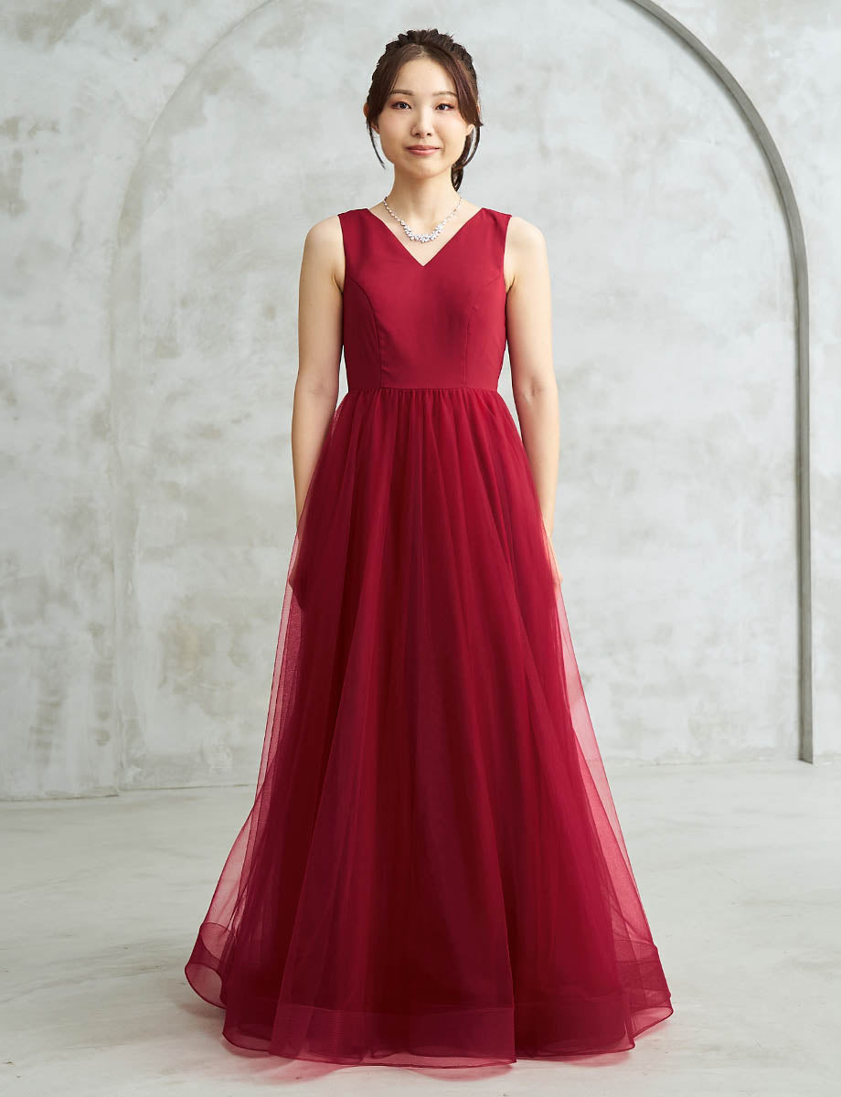 ロングドレス 演奏会用 ノースリーブ ダークレッド チュール ビジュ刺繍｜ツイードドレス・TA2435-ARD – TWEED DRESS