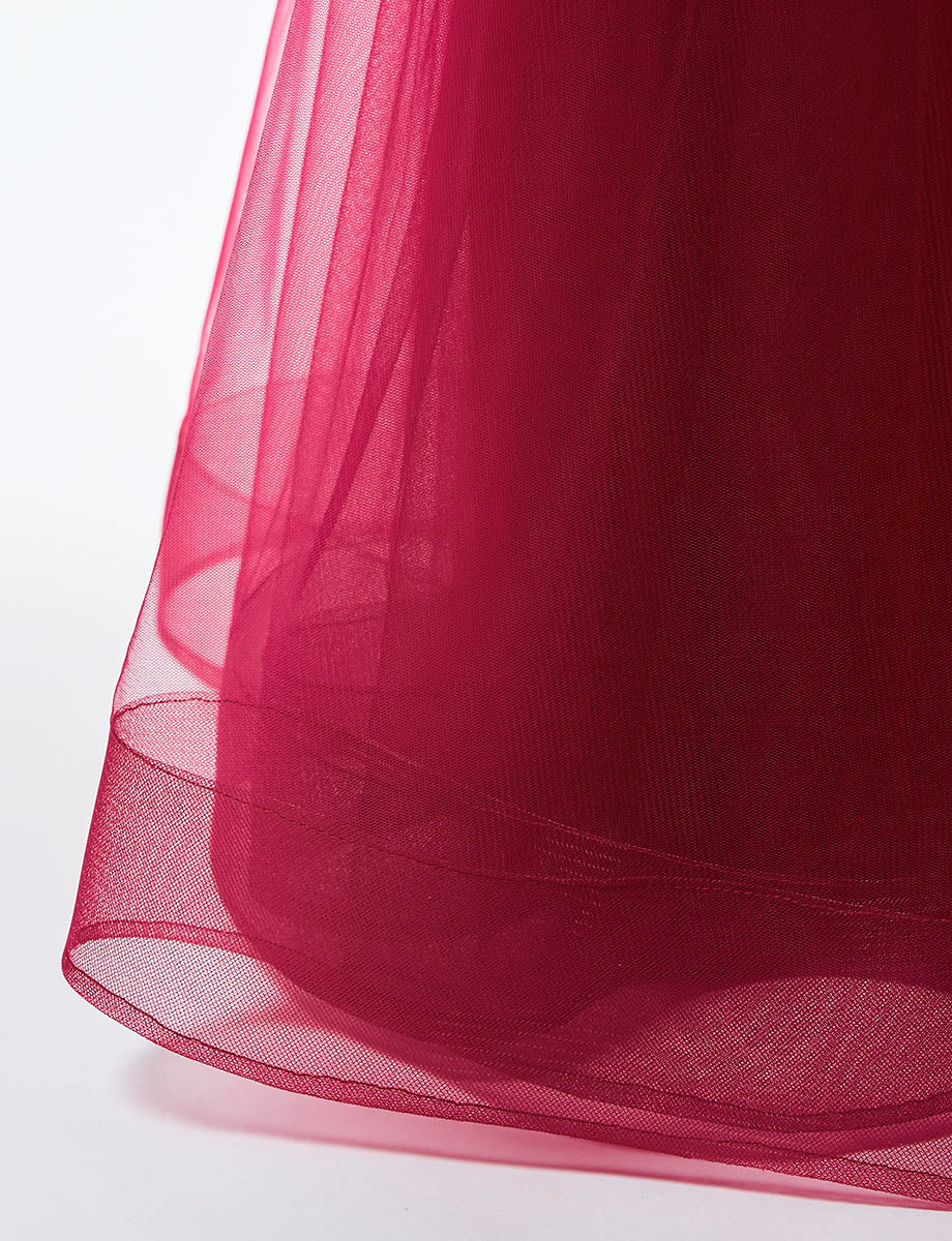 ロングドレス 演奏会用 ノースリーブ ダークレッド チュール ビジュ刺繍｜ツイードドレス・TA2435-ARD – TWEED DRESS