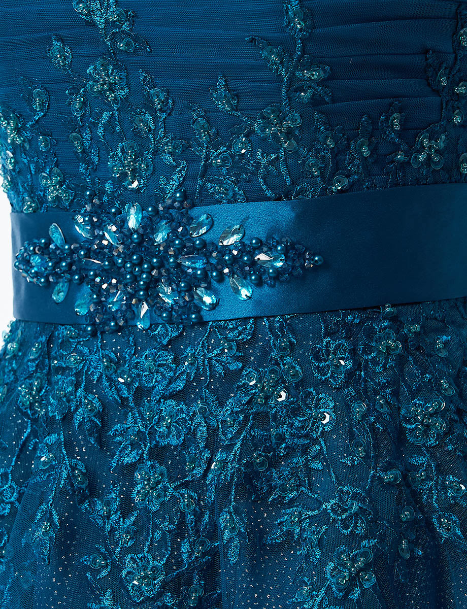 ブルーグリーン ロングドレス ベアトップ チュール 肩紐付き 発表会・演奏会ドレス ｜ツイードドレス・TM1673-1-BLGN ...