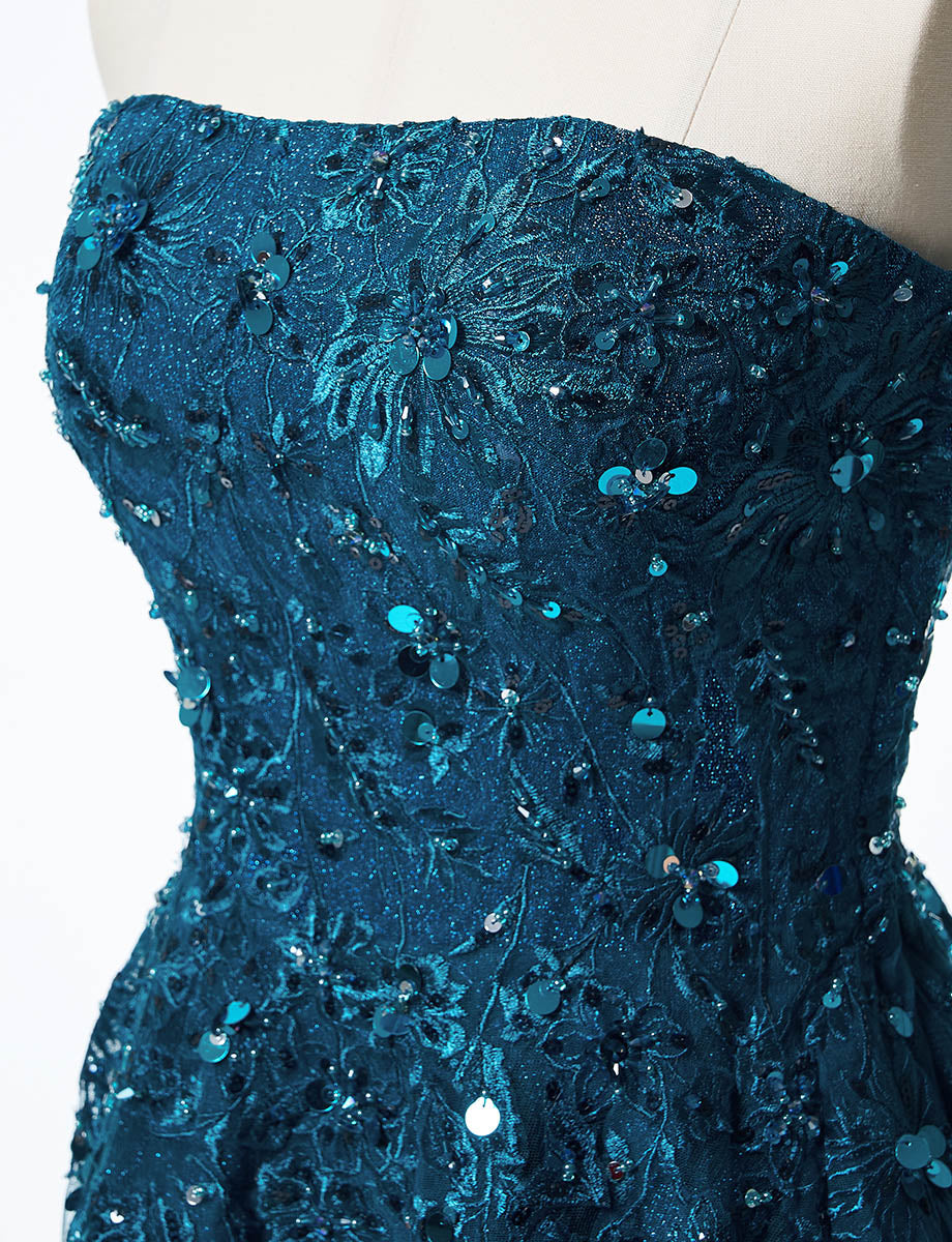 ブルーグリーン ロングドレス ベアトップ ビジュ刺繍 チュール 肩紐付き 演奏会 発表会 ｜ツイードドレス・TO2124-1-BLGN ...