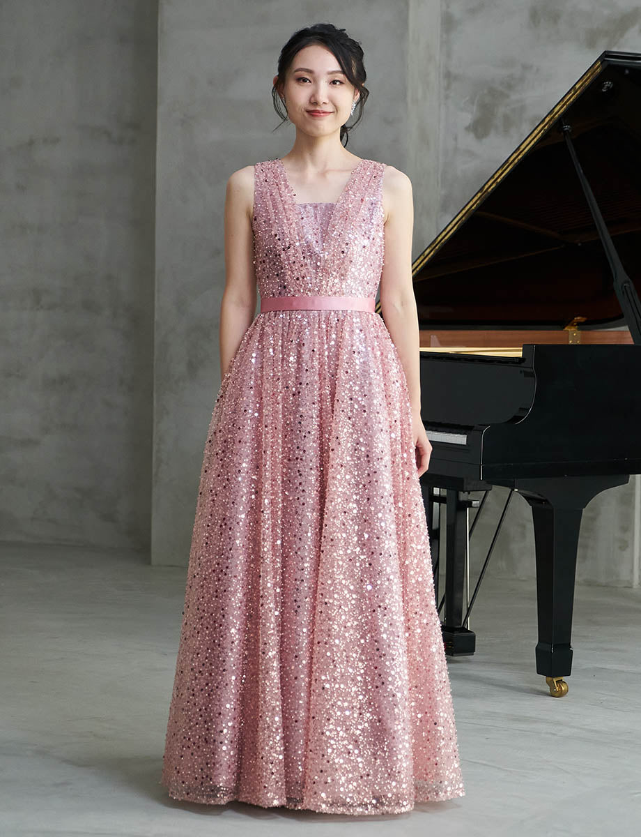 ノースリーブロングドレス スパンコールチュール 演奏会用 ピンクベージュ｜ツイードドレス・TU2317-PKBE – TWEED DRESS