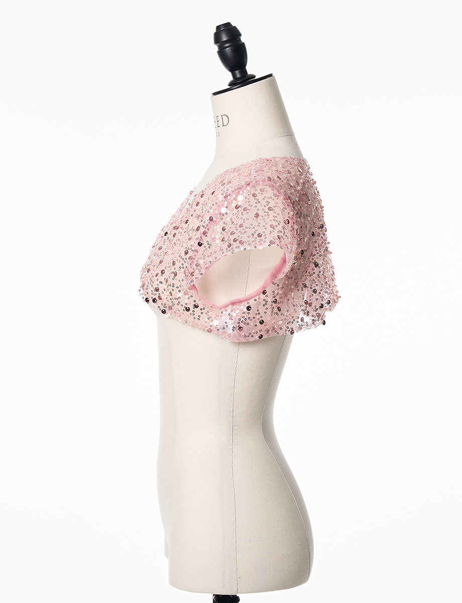 スパンコールチュールレース フレンチスリーブショートボレロ ピンクベージュ（M-XL）ツイードドレス｜TWEED DRESS・MB8813-PKBE