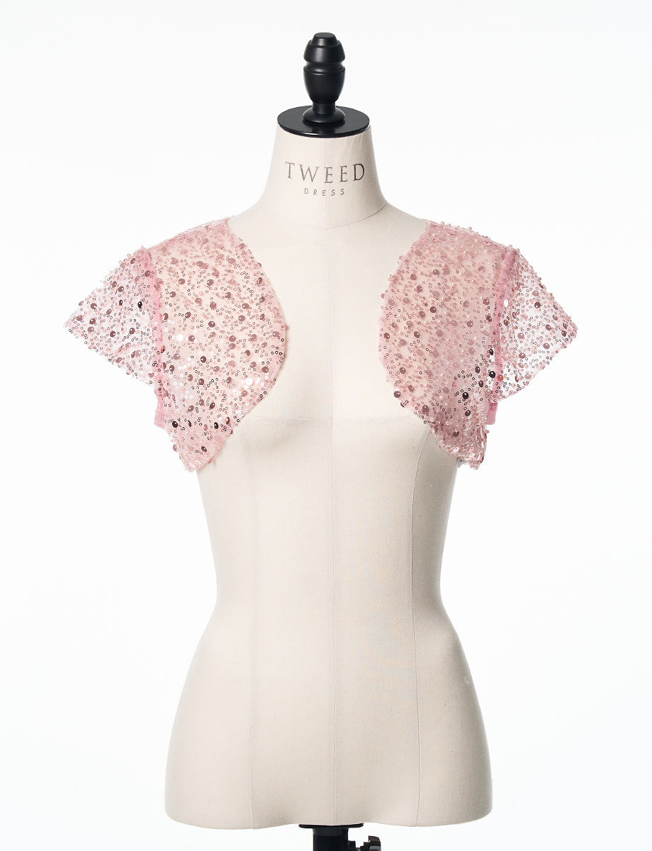 スパンコールチュールレース フレンチスリーブショートボレロ ピンクベージュ（M-XL）ツイードドレス｜TWEED DRESS・MB8813-PKBE
